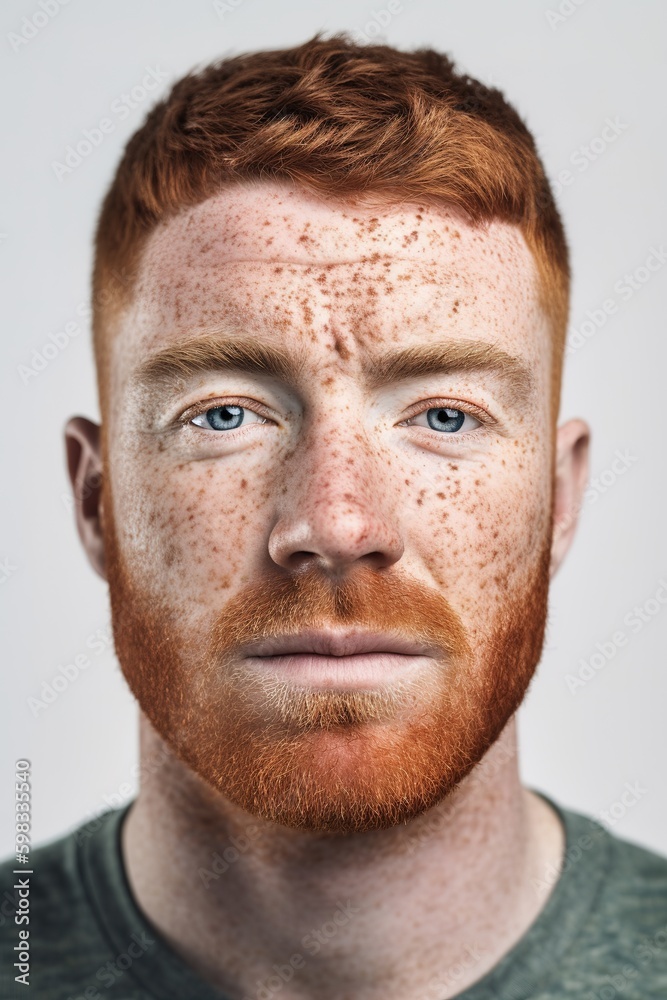 Young adult Irish red hair man over white background studio shot ...