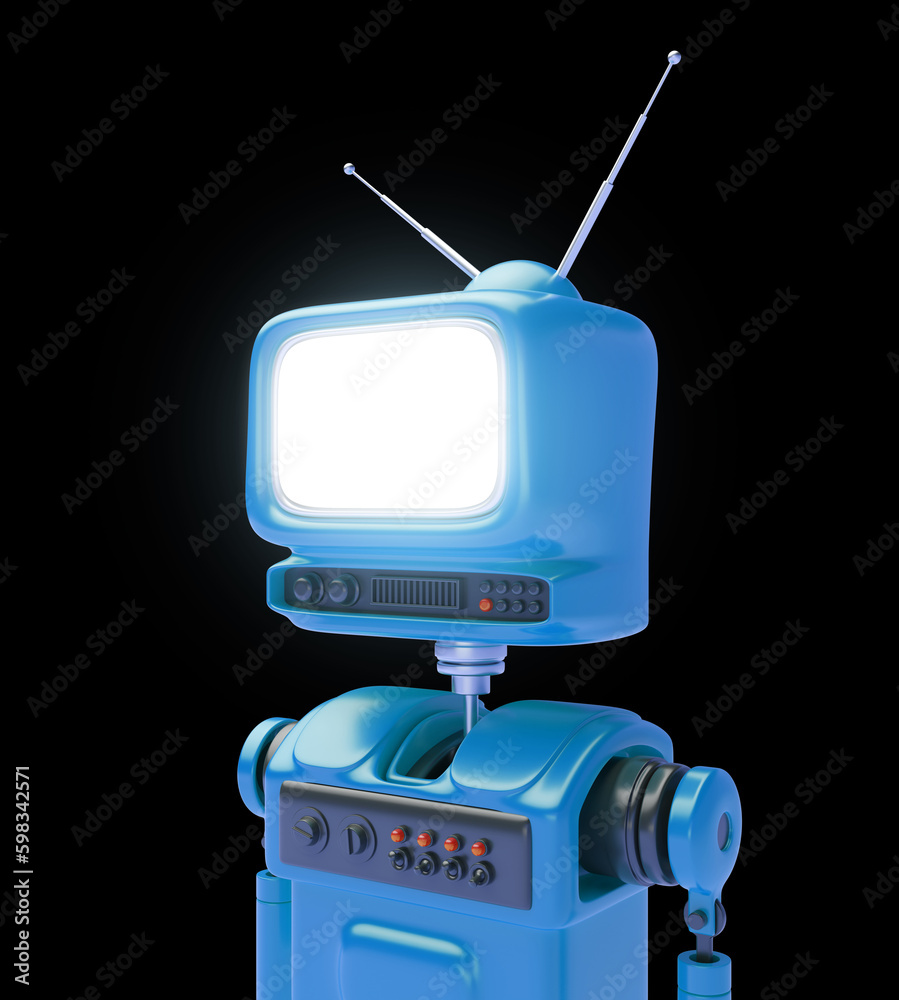 3d bright robot character with head in shape of an old retro TV or ...