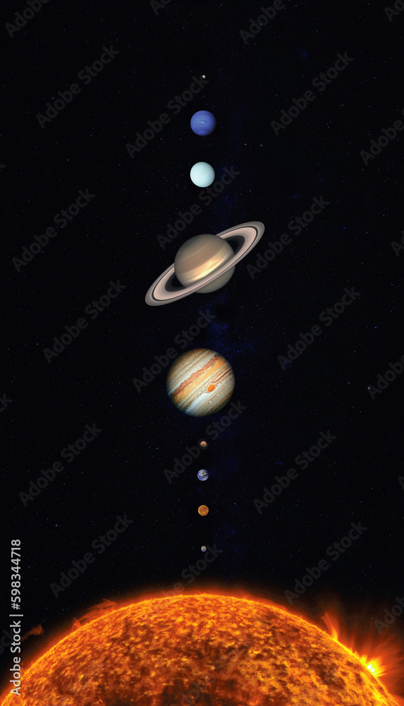 Solar system scale. Sun Mercury Venus Moon Earth Mars Jupiter Saturn ...