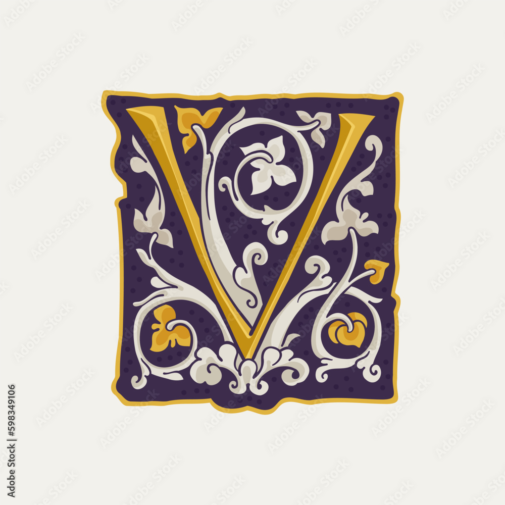 V letter drop cap logo. Square medieval initial with gold texture and ...
