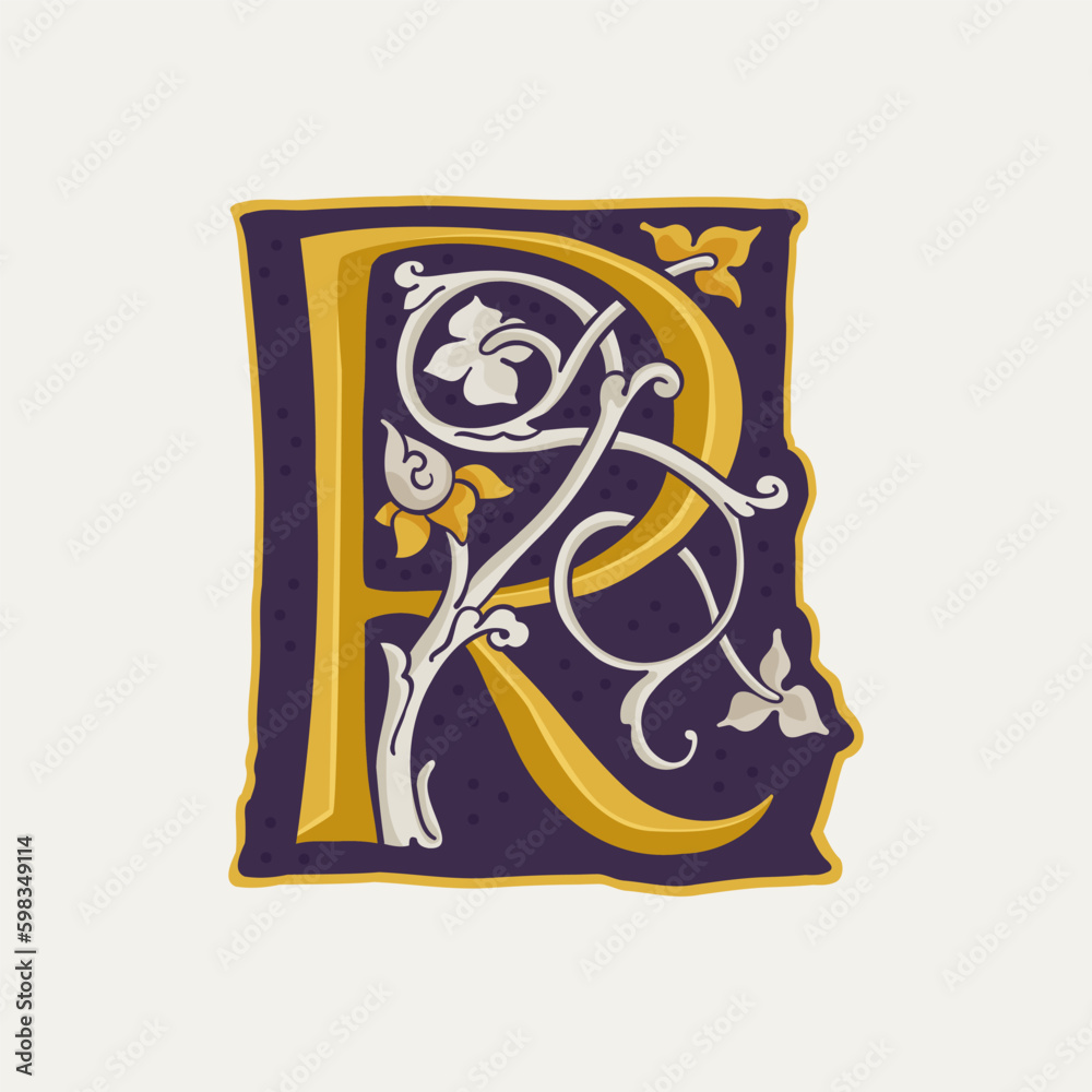 R letter drop cap logo. Square medieval initial with gold texture and ...