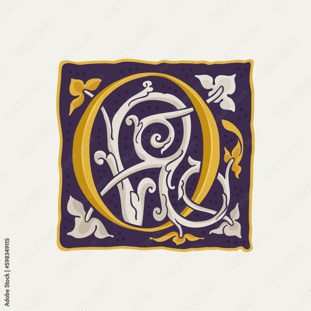 O letter drop cap logo. Square medieval initial with gold texture and ...