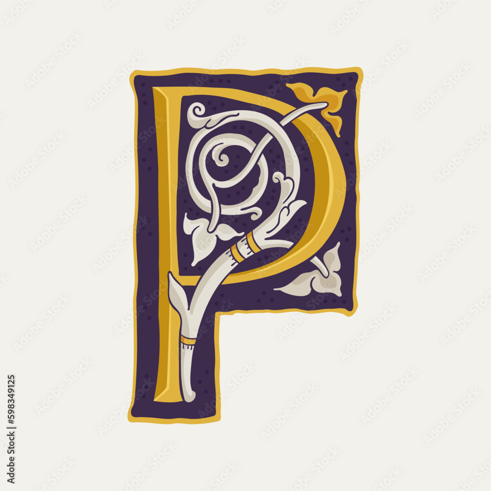 P letter drop cap logo. Square medieval initial with gold texture and ...