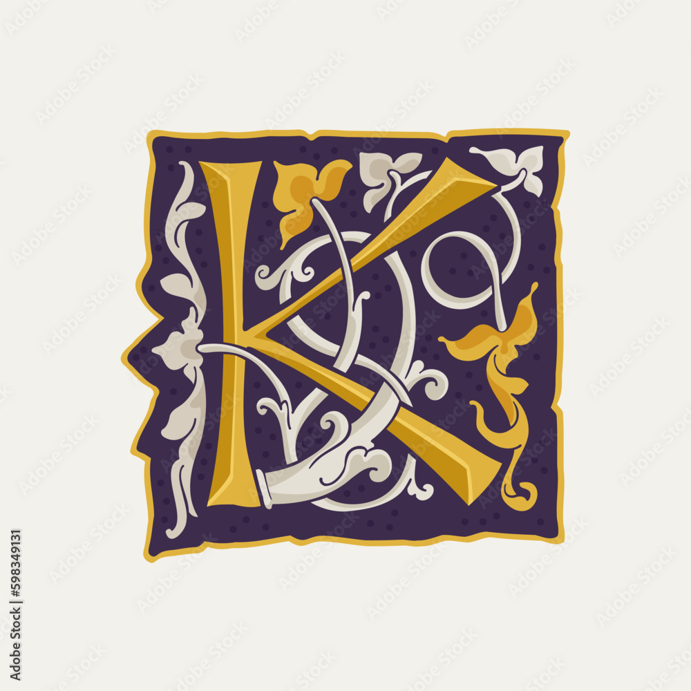 K letter drop cap logo. Square medieval initial with gold texture and ...
