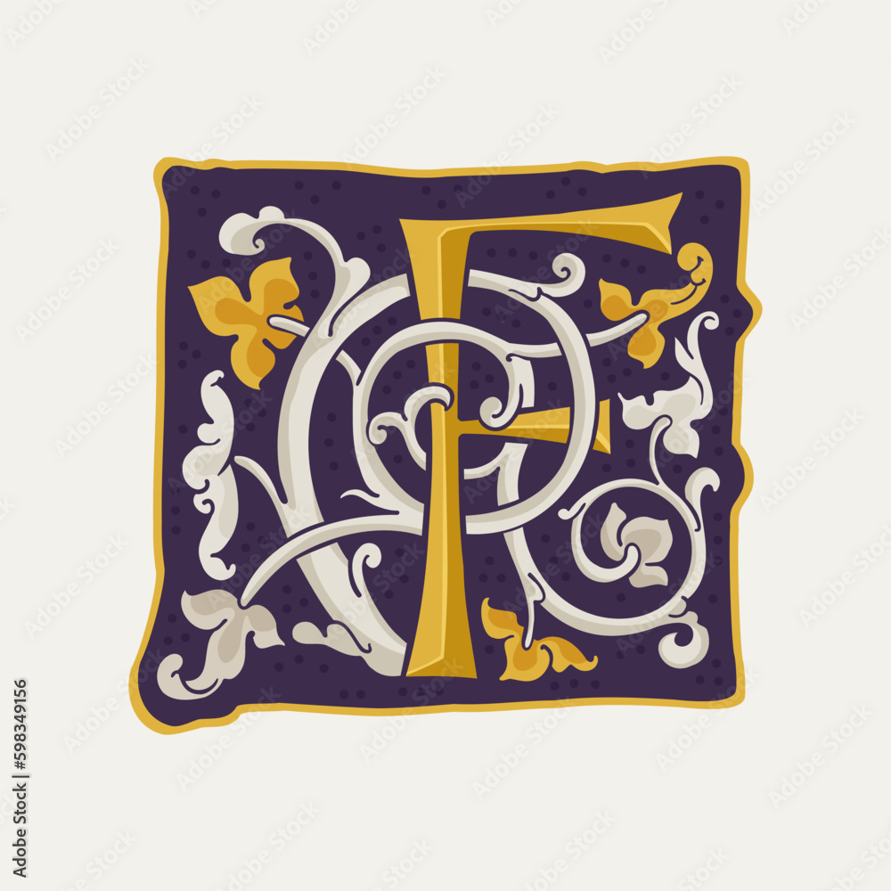 F letter drop cap logo. Square medieval initial with gold texture and ...