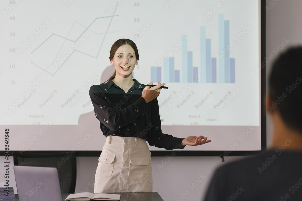 Portrait young businesswoman presentation marketing and profit with ...