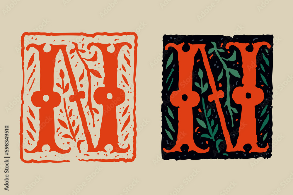 N letter medieval grunge gothic initial. 16th century engraved drop cap ...