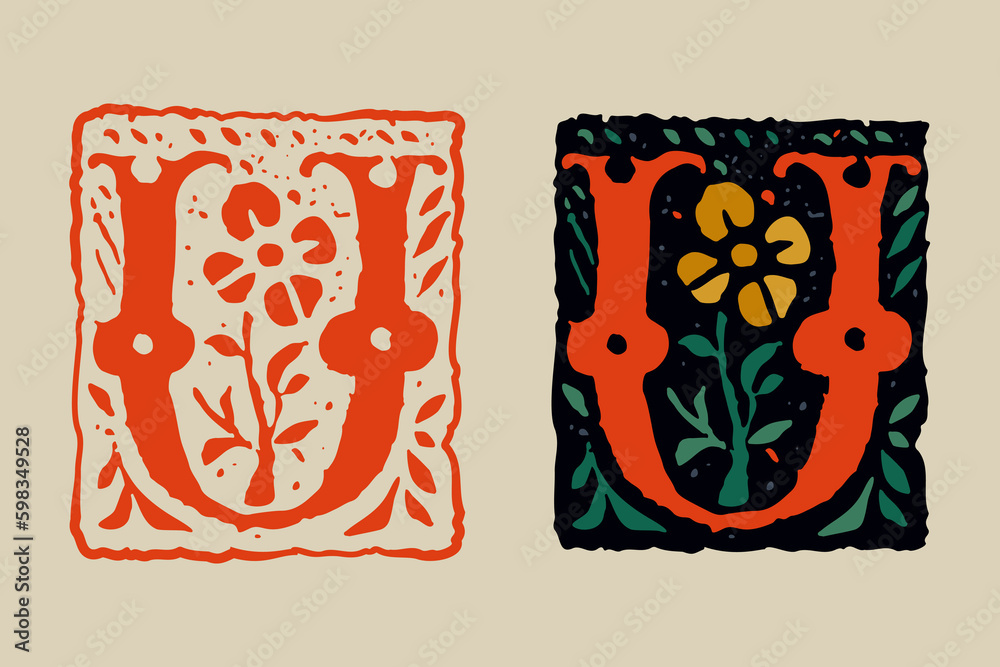 U letter medieval grunge gothic initial. 16th century engraved drop cap ...