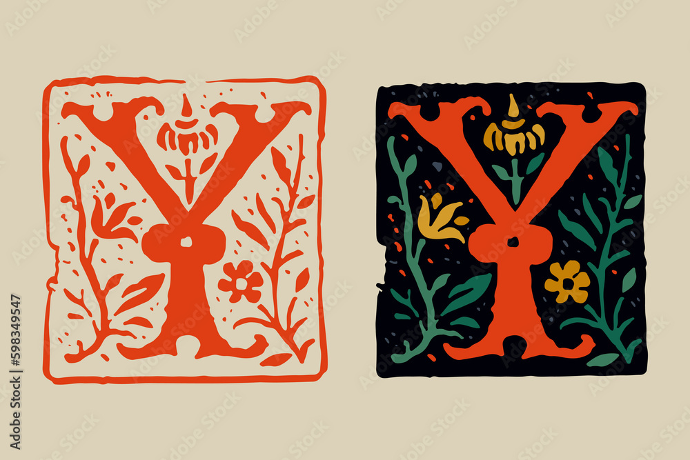 Y letter medieval grunge gothic initial. 16th century engraved drop cap ...