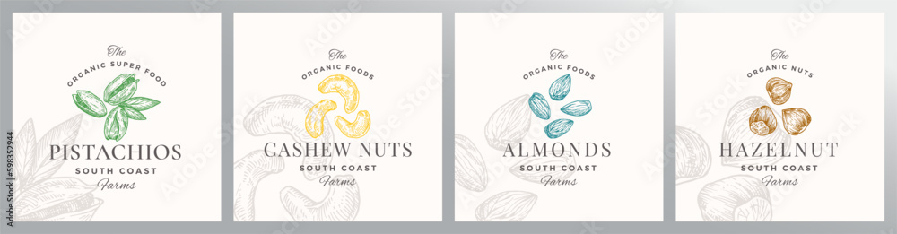 Nuts Logo Templates Set. Hand Drawn Almonds, Pistachios, Cashew and ...
