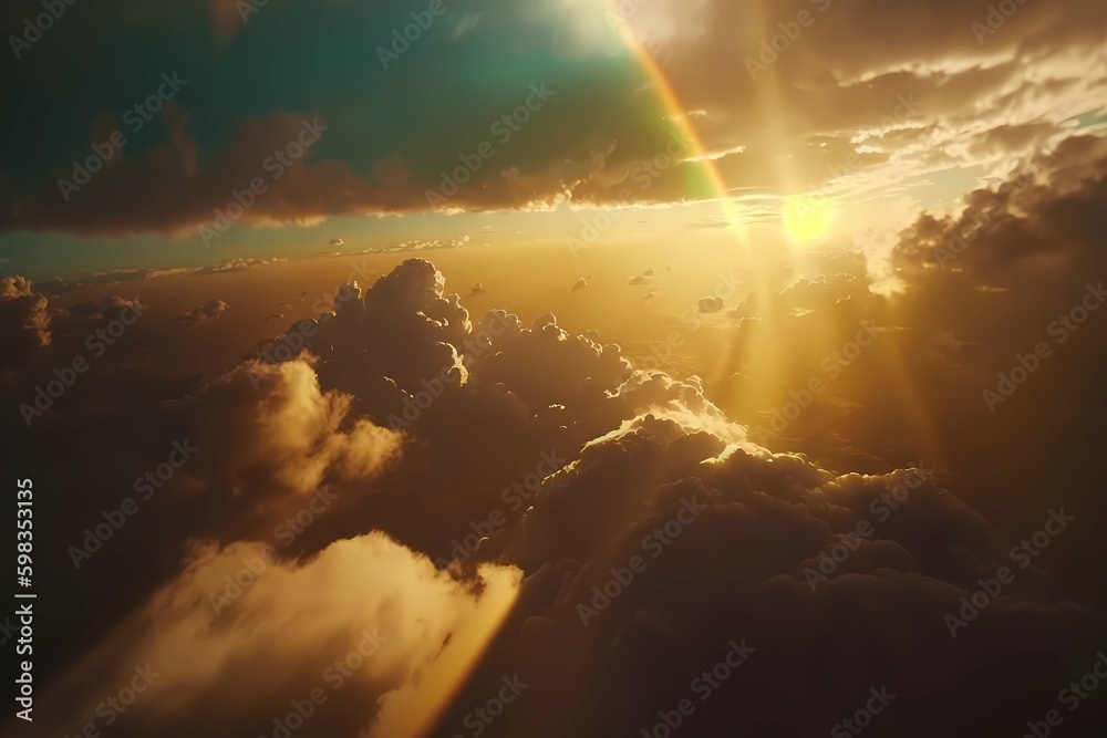 Flight through cloudscape at sunset golden hour with beautiful rainbow ...