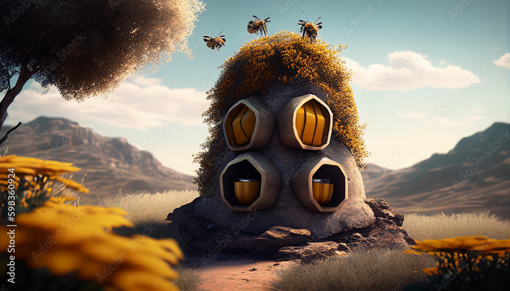 A beehive on top of a hill with three bees, Generative AI Stock ...