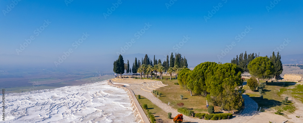 Thermal springs, natural baths Pamukkale, banner landmark of Turkey ...