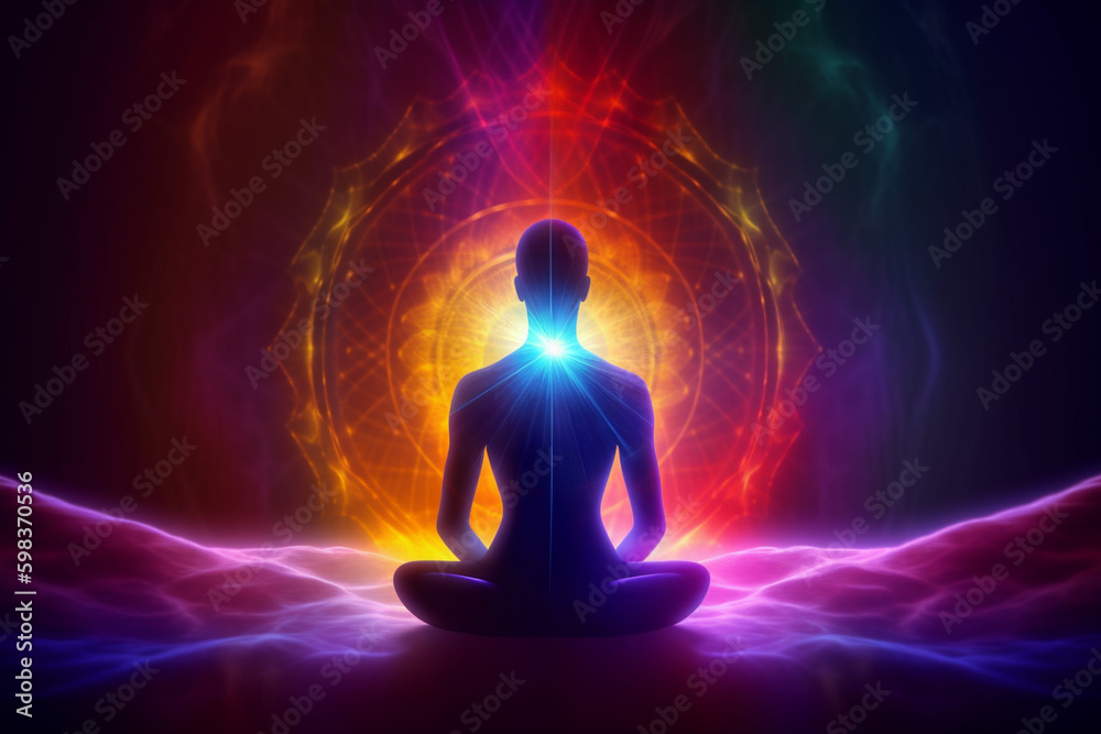 Human meditating. Spirituality, astral body with light rays and chakra ...
