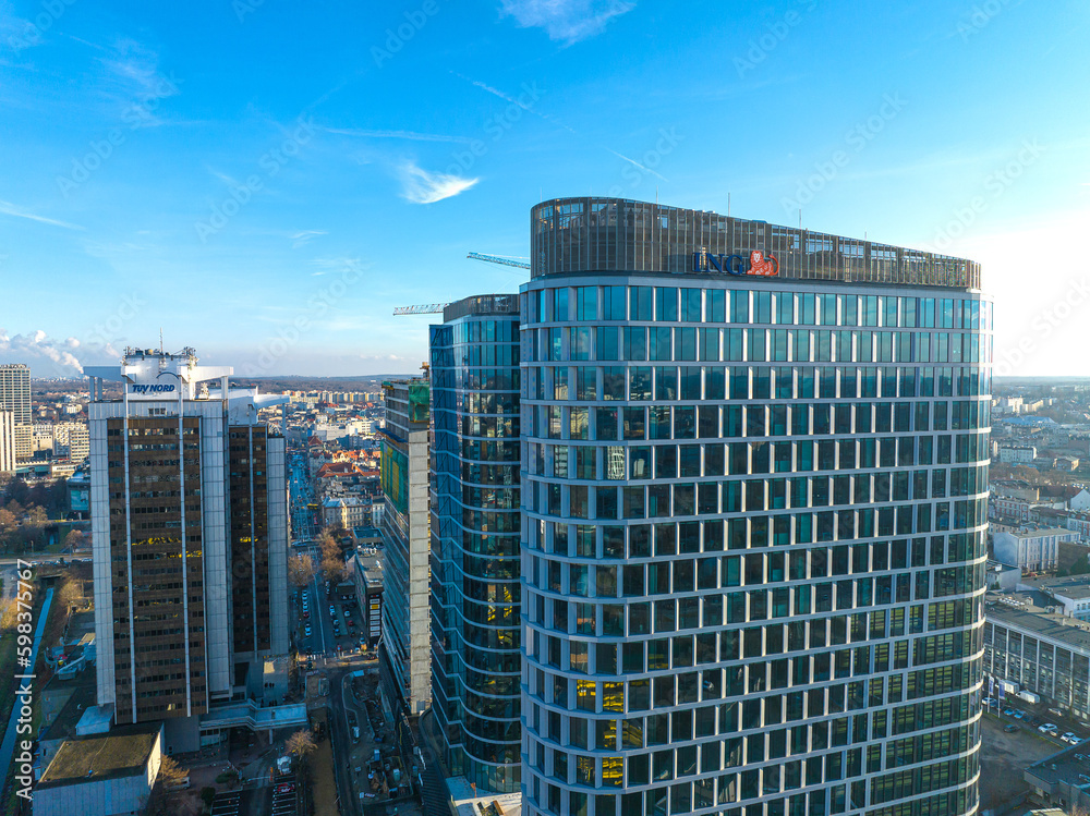 Katowice, January 07, 2023, Poland, drone view of skyscrapers and the ...