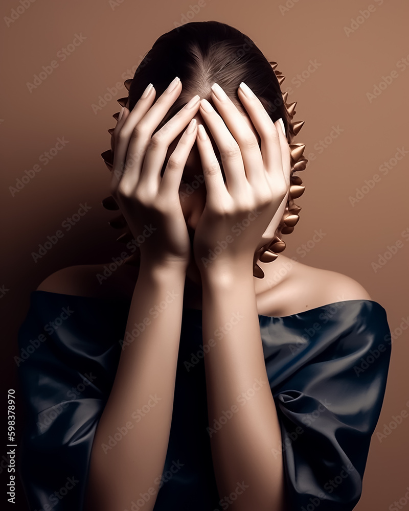 fashion shoot of a hidden face by hands shy disorder model covering her ...