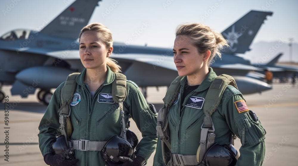 Two Proud Young Adult Female Air Force Fighter Pilots In Front of Their ...