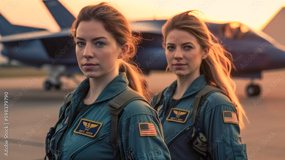 Two Proud Young Adult Female Air Force Fighter Pilots In Front of Their ...
