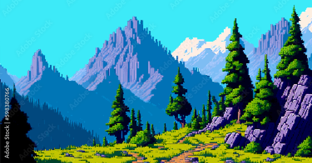 Landscape 8bit pixel art. Summer natural landscape mountain scenery ...