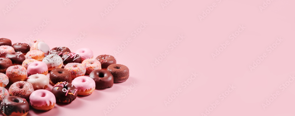 Sweet bright Donuts in various glazes and colored toppings on a trendy ...