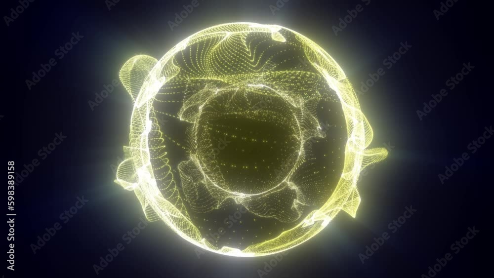 A round glowing sphere with small flying particles. It is as if energy ...