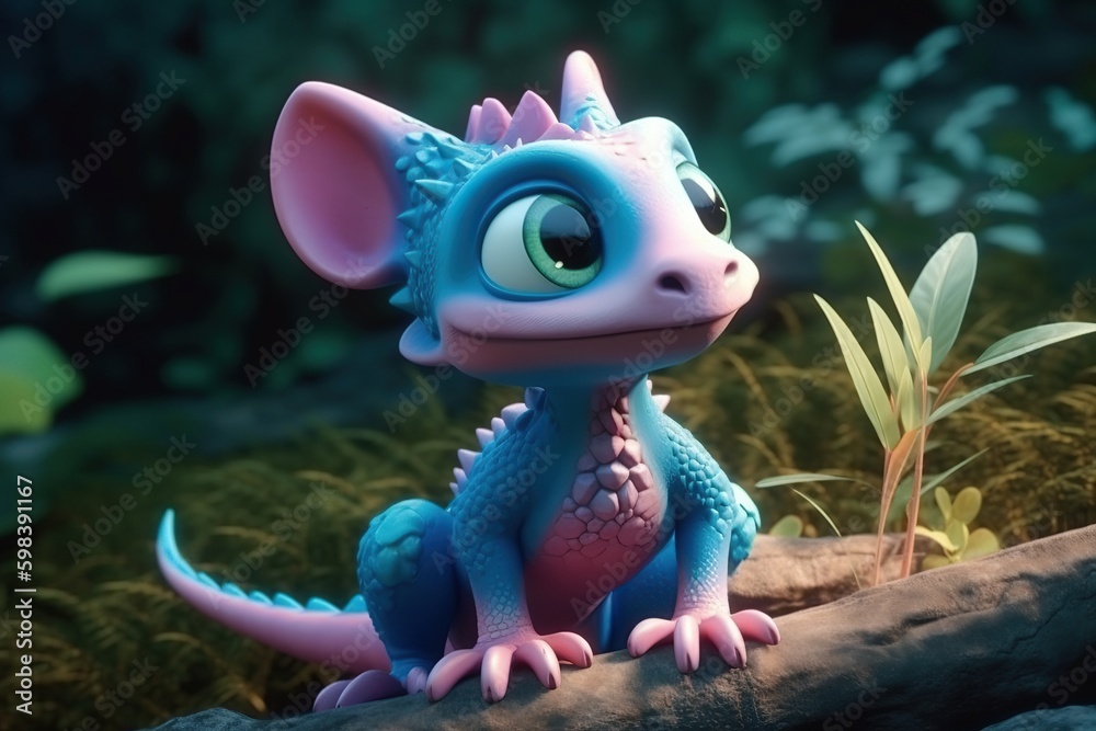 a cute adorable pinky and blue baby dragon lizard 3D Illustation stands in nature in the style ...