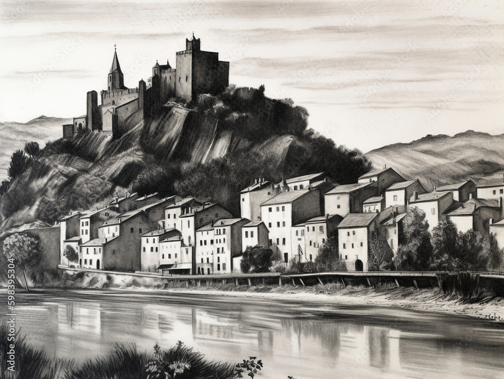 Charcoal Drawing of a French Town Resembling Sisteron with Mountains ...