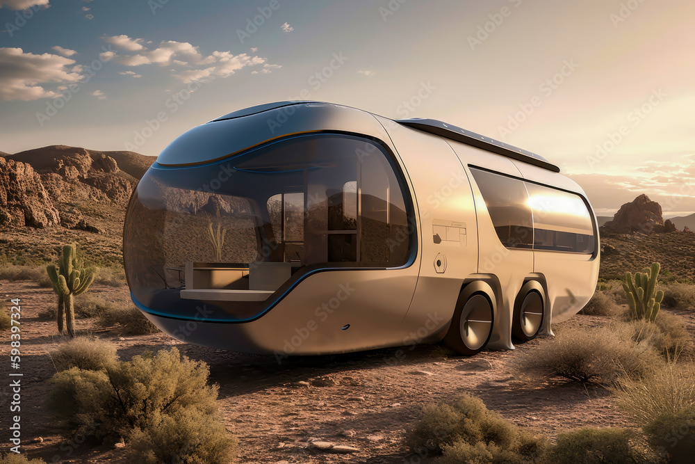 motorhome or caravan, modern, future, in desert, generative ai Stock ...
