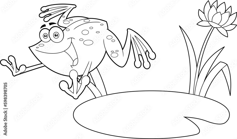 Outlined Cute Frog Cartoon Character Jumping. Vector Hand Drawn ...