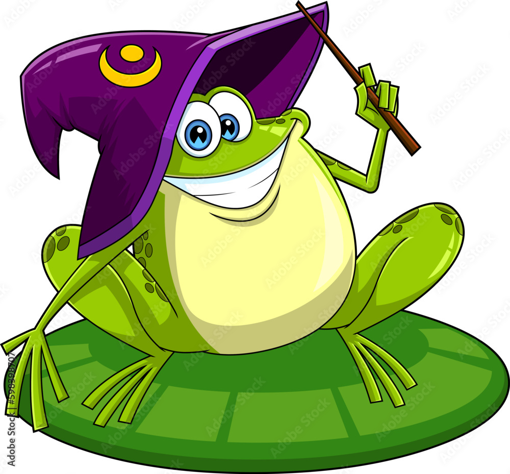 Cute Green Frog Cartoon Character With Wizard Hat And Magic Wand ...