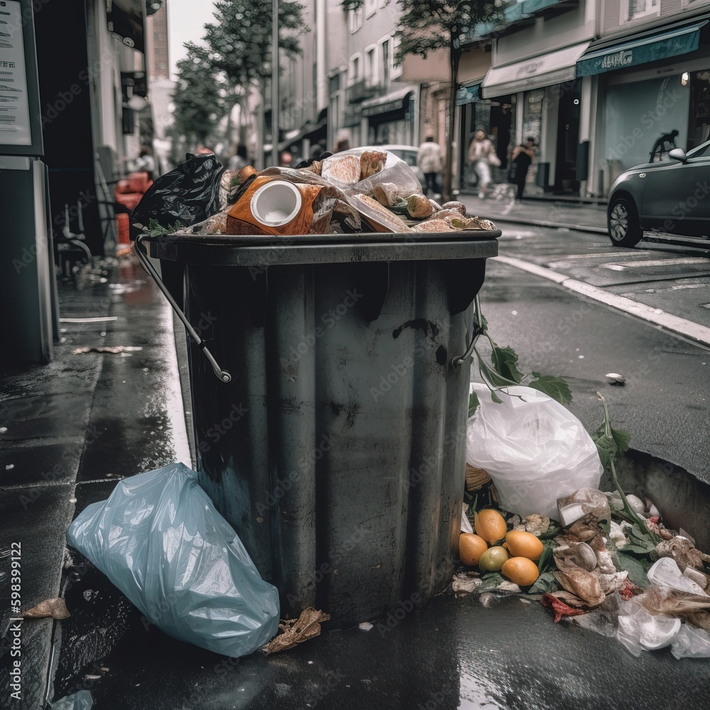 Trash can in the city full of garbage and spoiled food. Global polution ...
