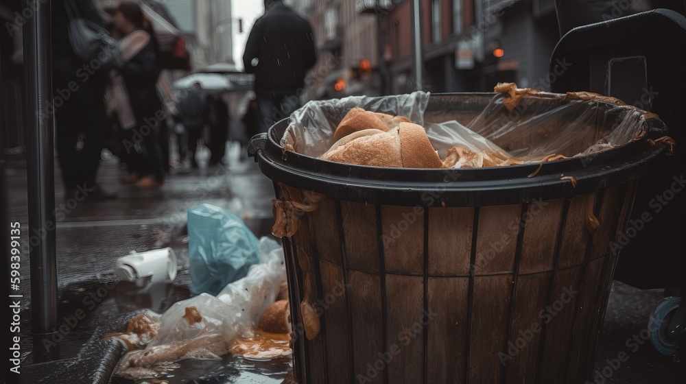 Trash can in the city full of garbage and spoiled food. Global polution ...