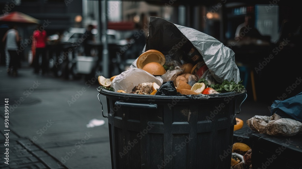 Trash can in the city full of garbage and spoiled food. Global polution ...