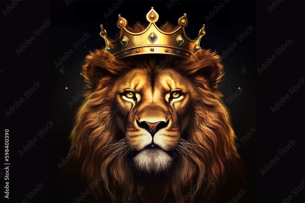 Head of King Lion with golden crown. The majestic King of beasts with ...