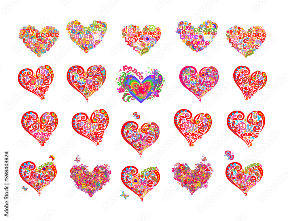 Hearts shape collection for hippie design with colorful flower-power ...