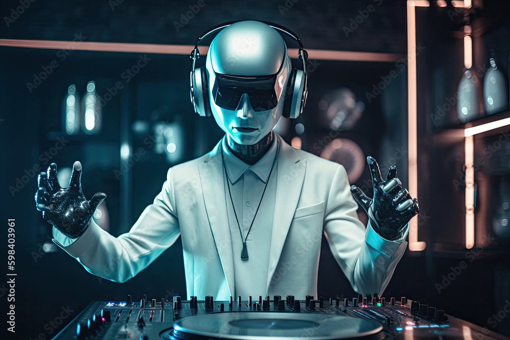 ภาพประกอบสต็อก DJ robot mixing music in night club with neon lights ...