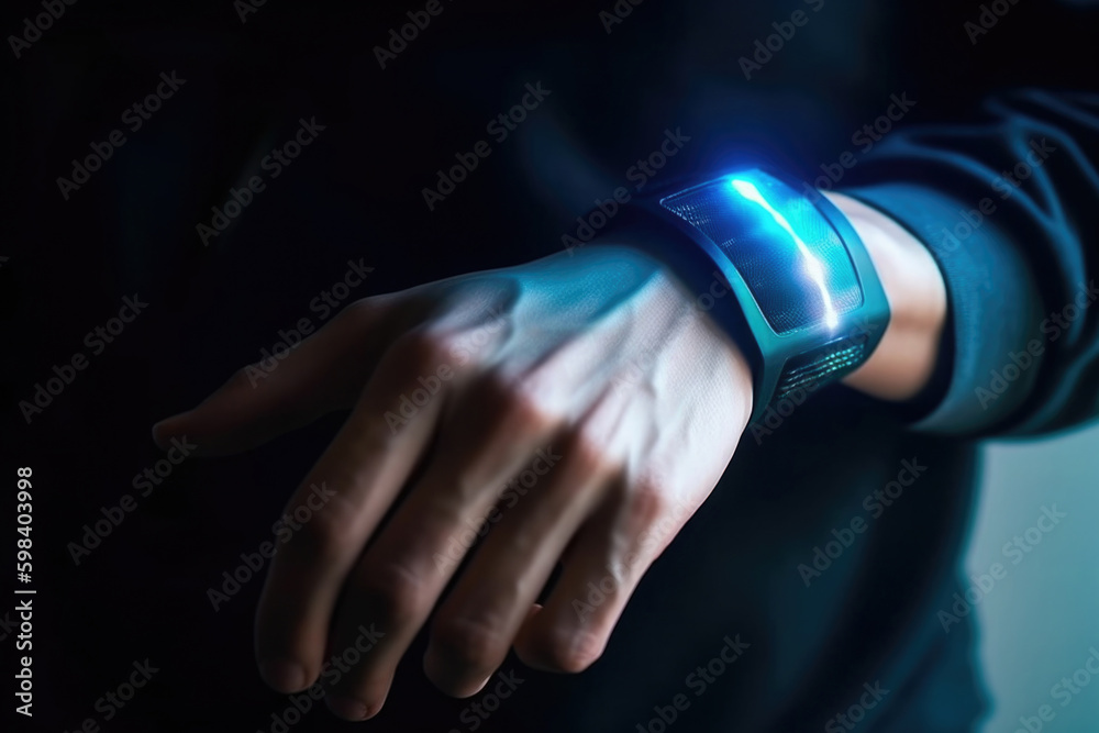 Futuristic smart device with glowing hologram display on human hand ...