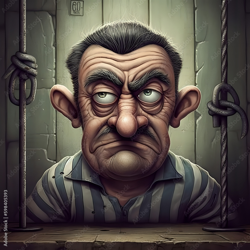 Caricature of a sad prisoner behind bars. Сartoon illustration. AI ...