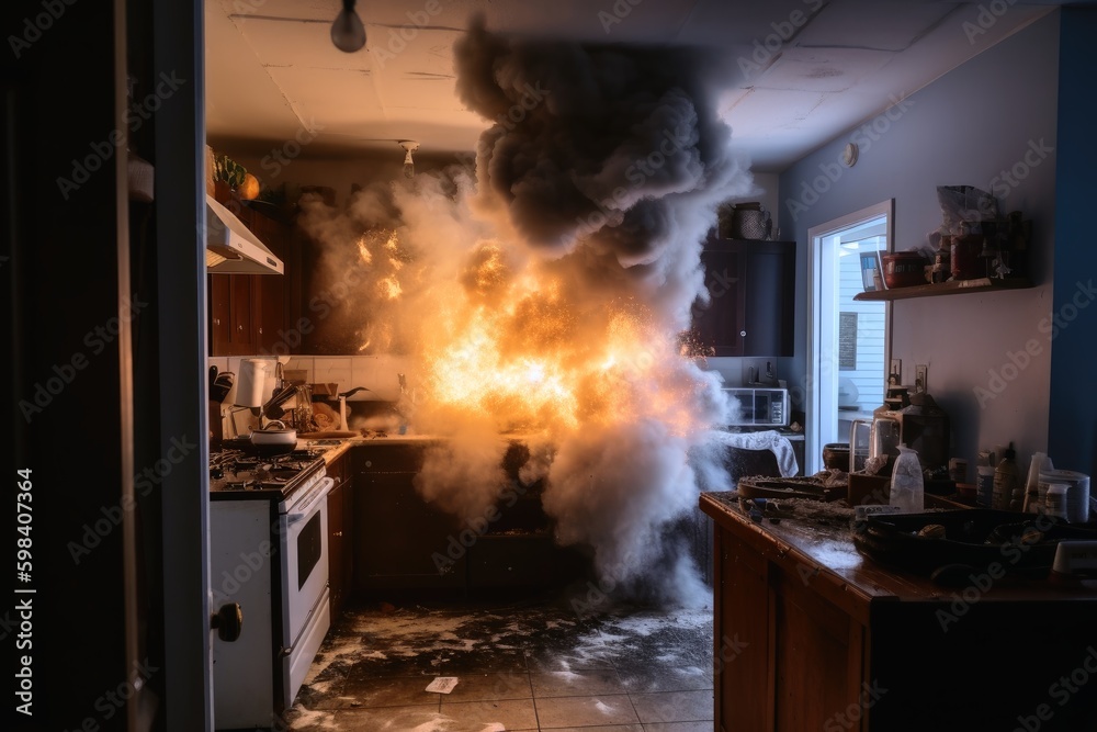 Smoke and fire during an accident in a kitchen created with generative ...