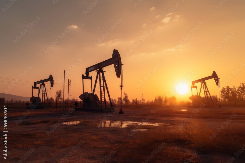 A field of oil wells pumping oil out of the ground created with ...