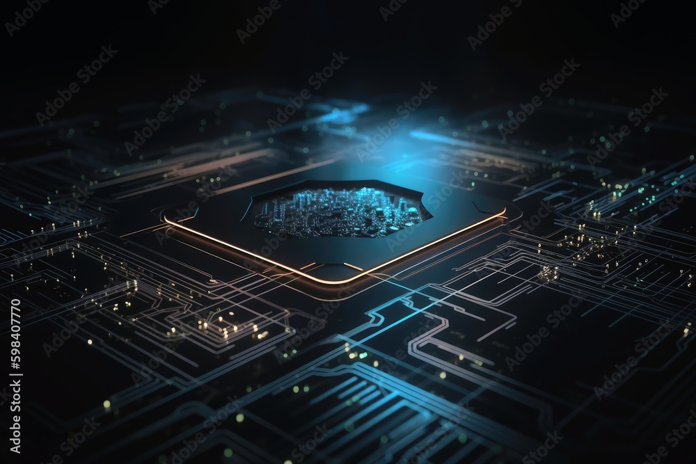 Glowing chip circuit on a dark background created with generative AI ...