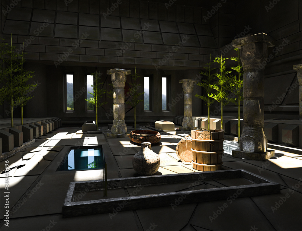 Interior of ancient Burmese stone temple in ruins. Interior design and ...