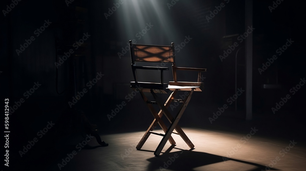 The director's chair stands in a beam of light with an backlight in ...