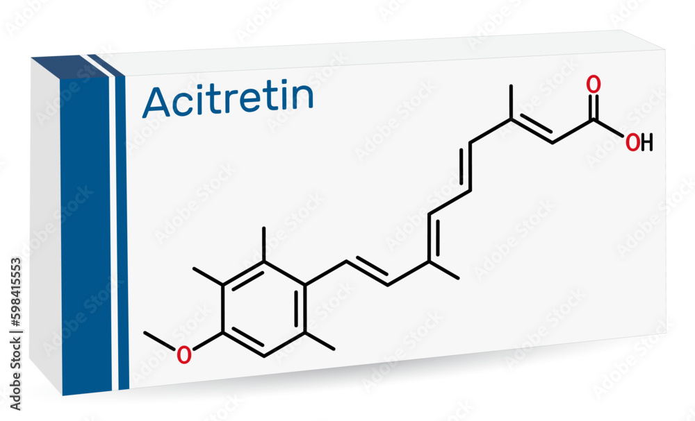 Acitretin molecule. It is retinoid used in the treatment of psoriasis ...