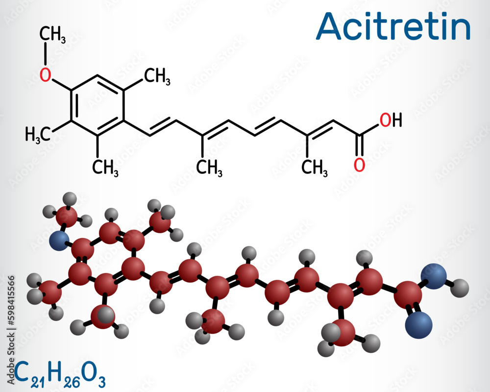 Acitretin molecule. It is retinoid used in the treatment of psoriasis ...