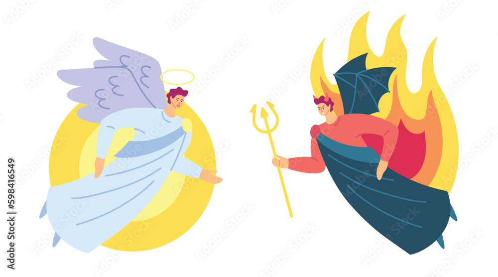 Cartoon Color Characters Angel and Demon Concept Flat Design Style ...
