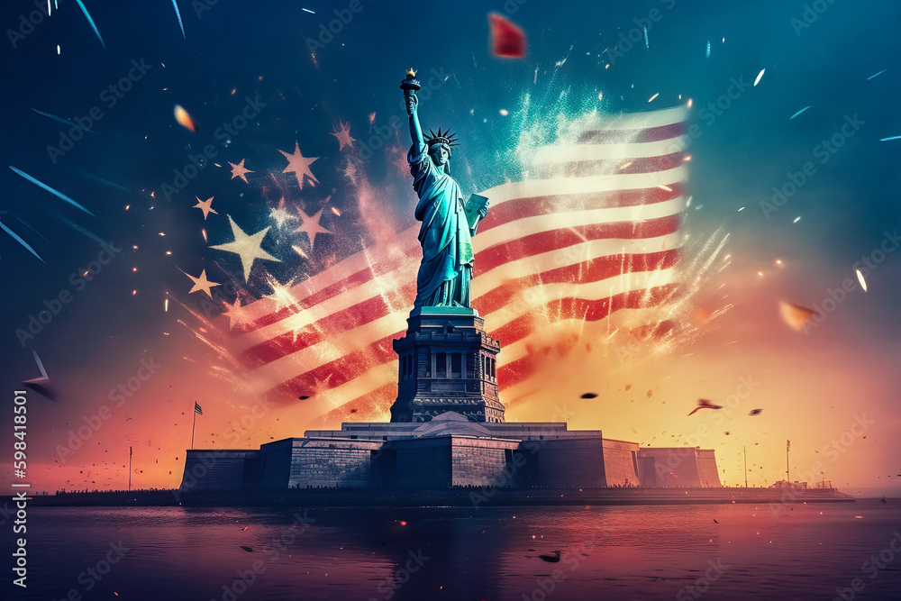 fireworks behind the statue of liberty for independence day. Patriotic ...