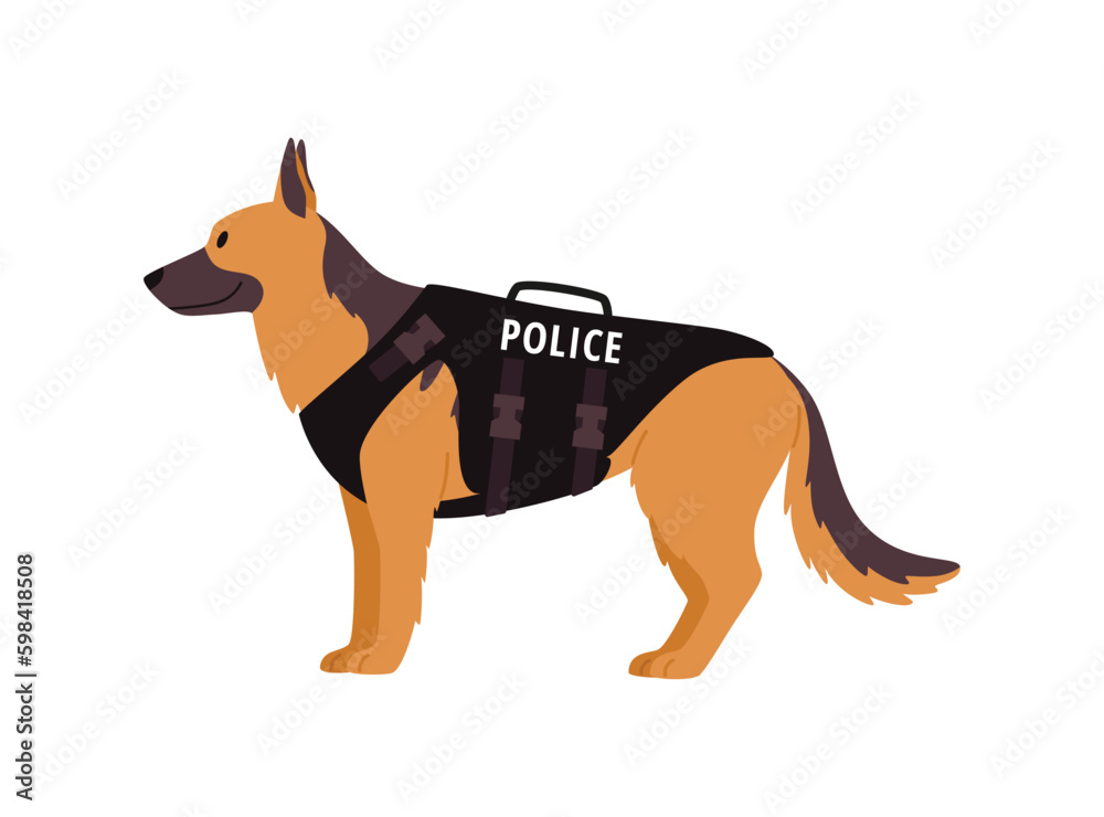 Police dog in vest, flat vector illustration isolated on white ...