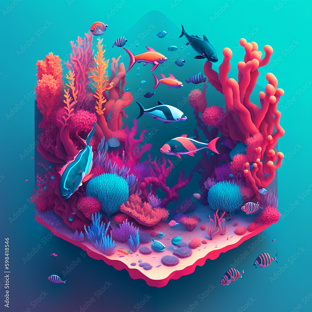 isometric digital illustration An underwater world with colorful coral ...
