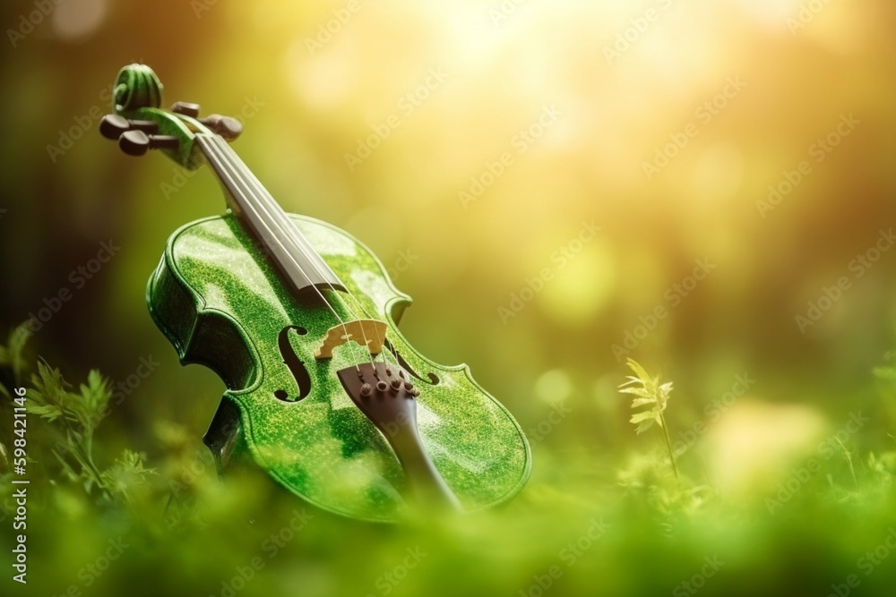 A green violin on nature background, music festival day. Generative AI ...